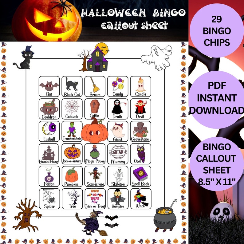 50 Halloween Bingo Cards, 50 Unique Prefilled Game Cards, Kids Party ...