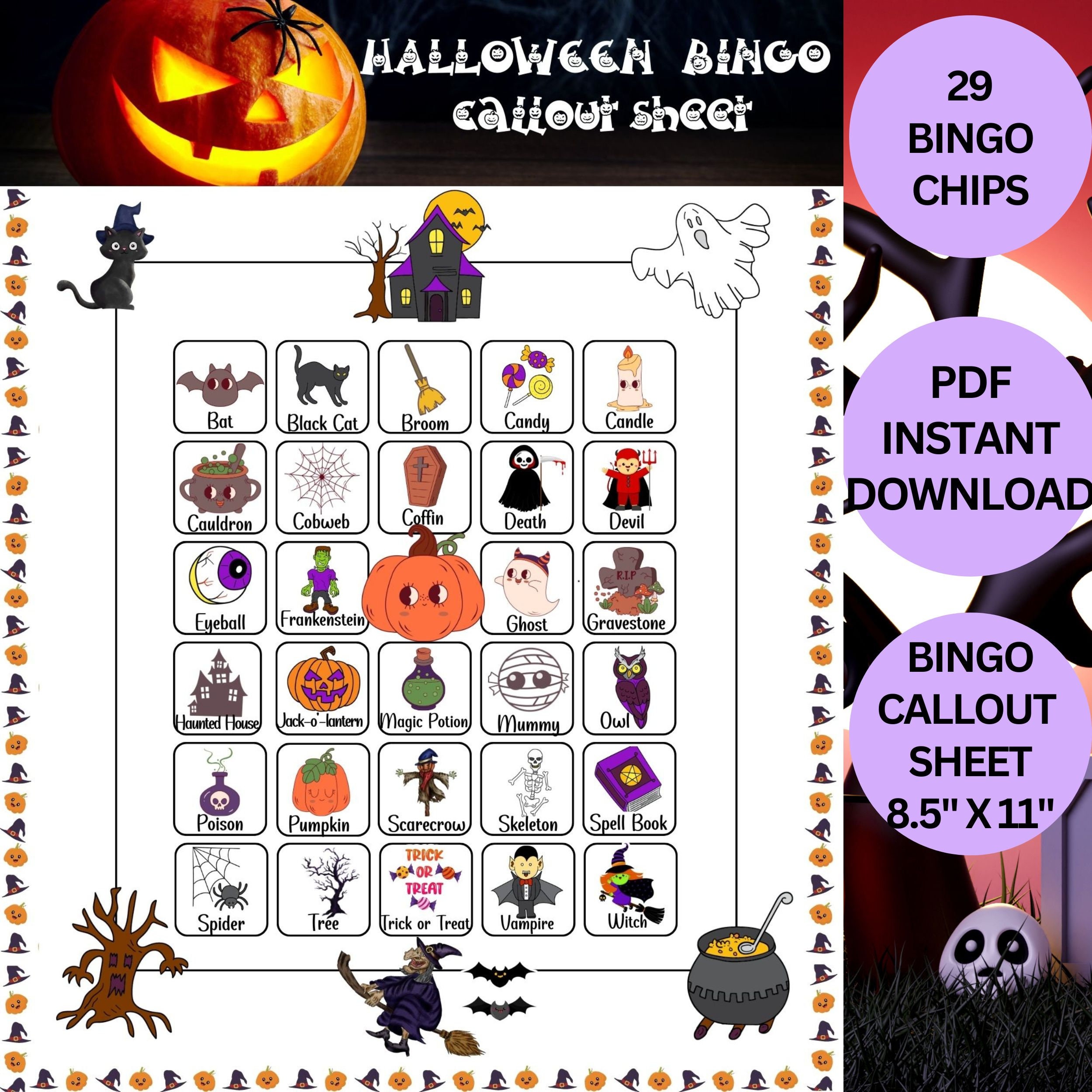 50 Halloween Bingo Cards, 50 Unique Prefilled Game Cards, Kids Party ...