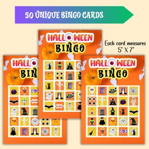 50 Unique Halloween Bingo Cards, Printable Halloween Bingo Game, Party ...