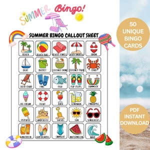50 Summer Bingo Cards, 50 Unique Prefilled Game Cards, Kid's Party Game ...