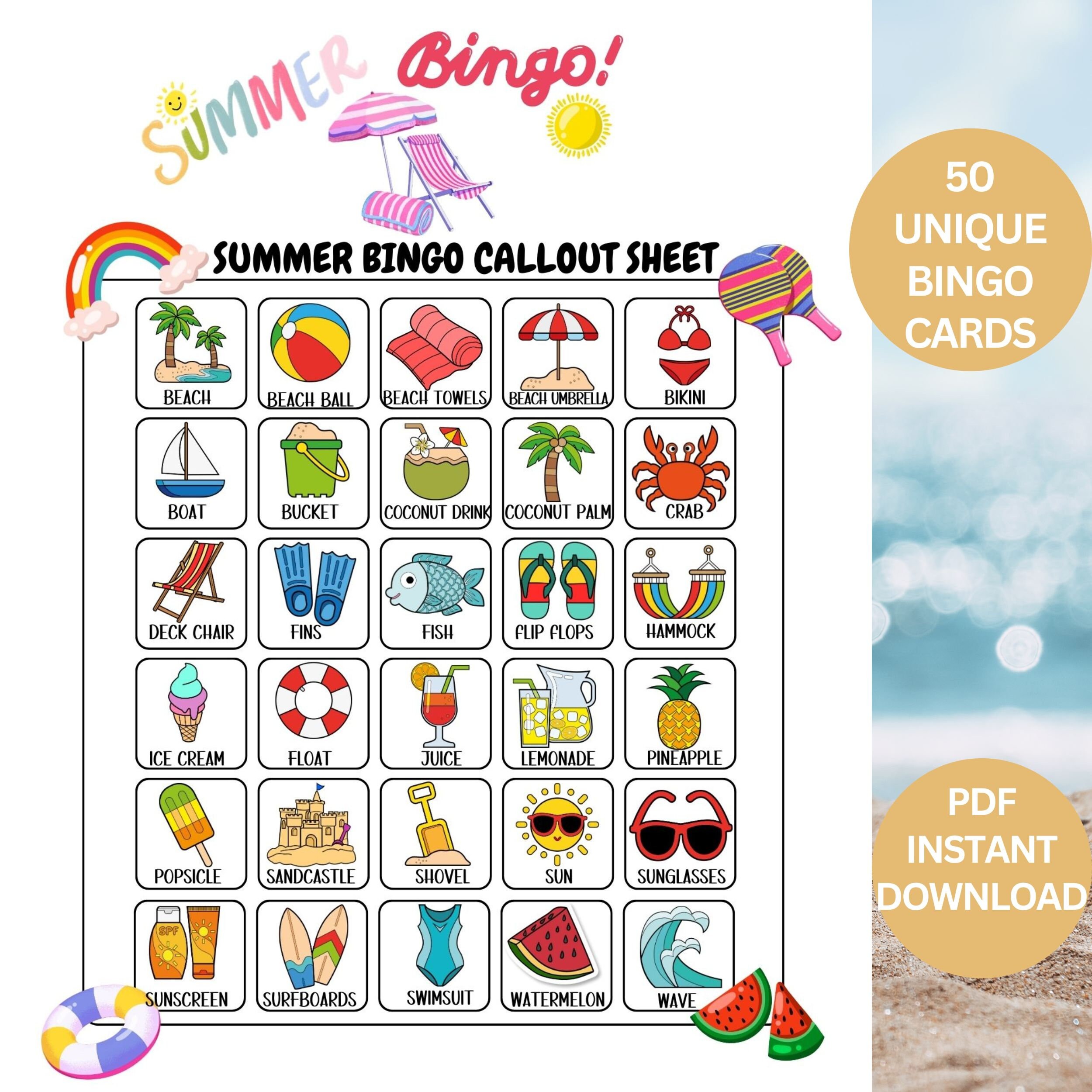 50 Summer Bingo Cards, 50 Unique Prefilled Game Cards, Kid's Party Game ...