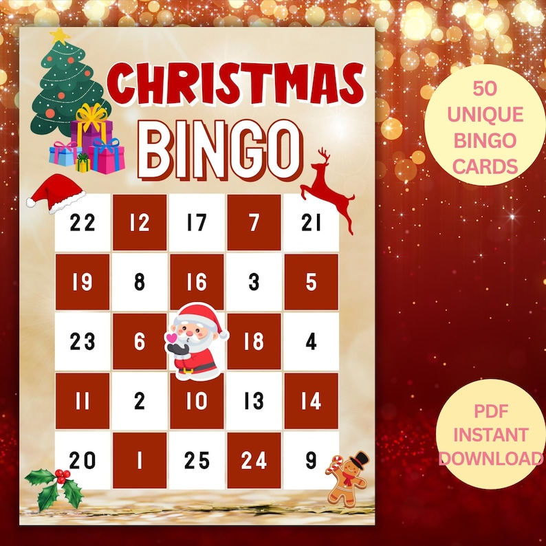 50 Christmas Bingo Cards, 50 Unique Prefilled Game Cards, Kid's Party ...