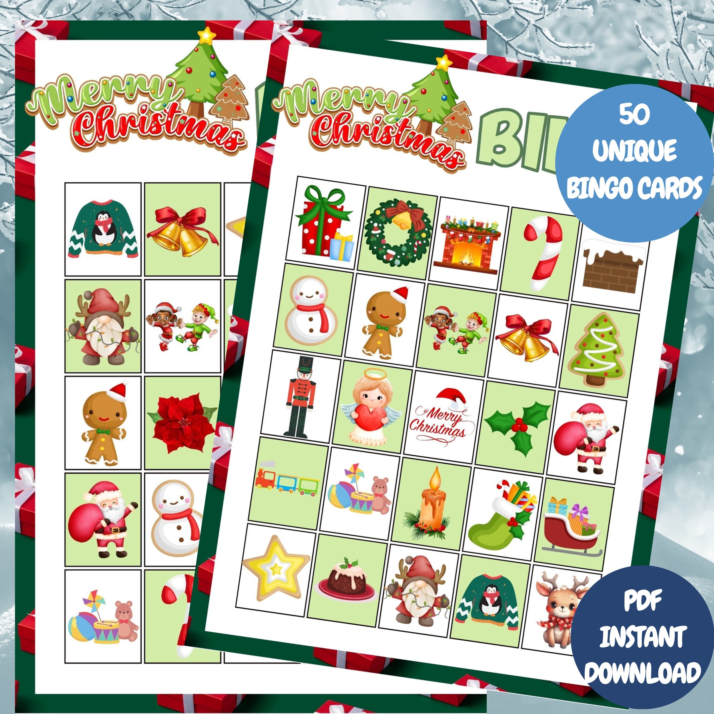 50 Merry Christmas Bingo Cards, 50 Unique Prefilled Game Cards, Kid's ...