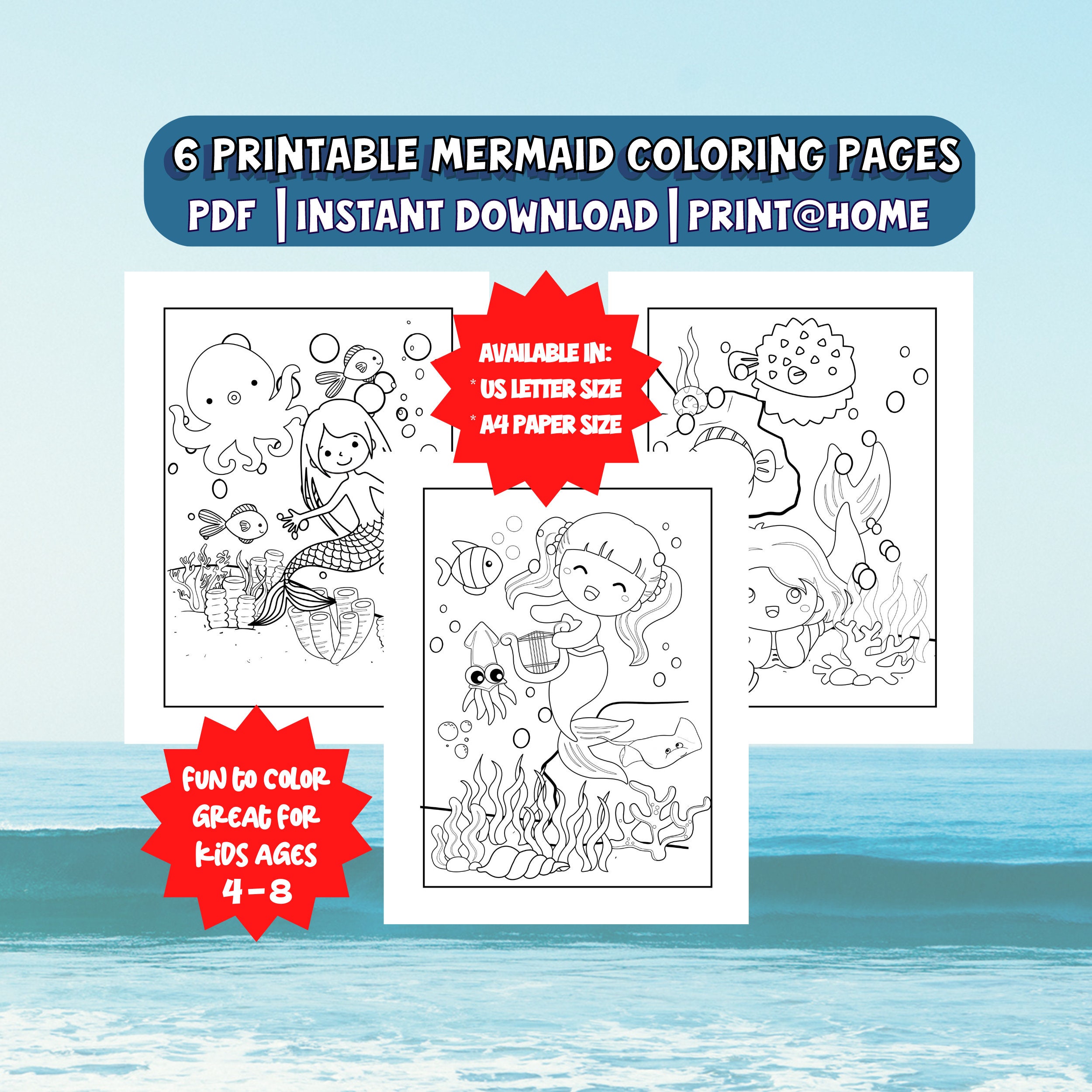 Mermaid Coloring Pages for Kids, Ocean Life, Under the Sea Coloring ...