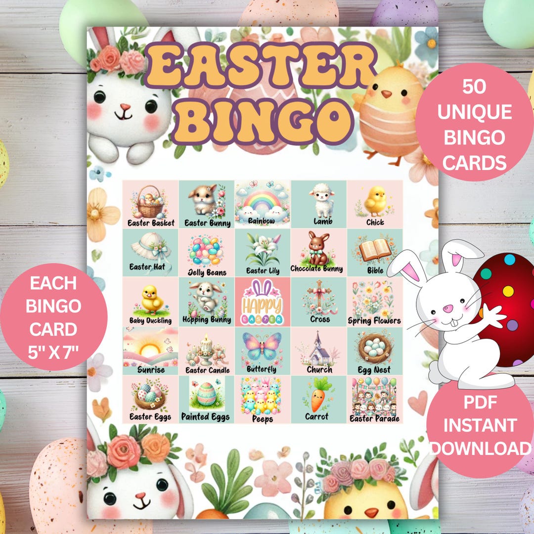 50 Easter Bingo Cards Game for Kids, 50 Unique Prefilled Cards, Kids ...