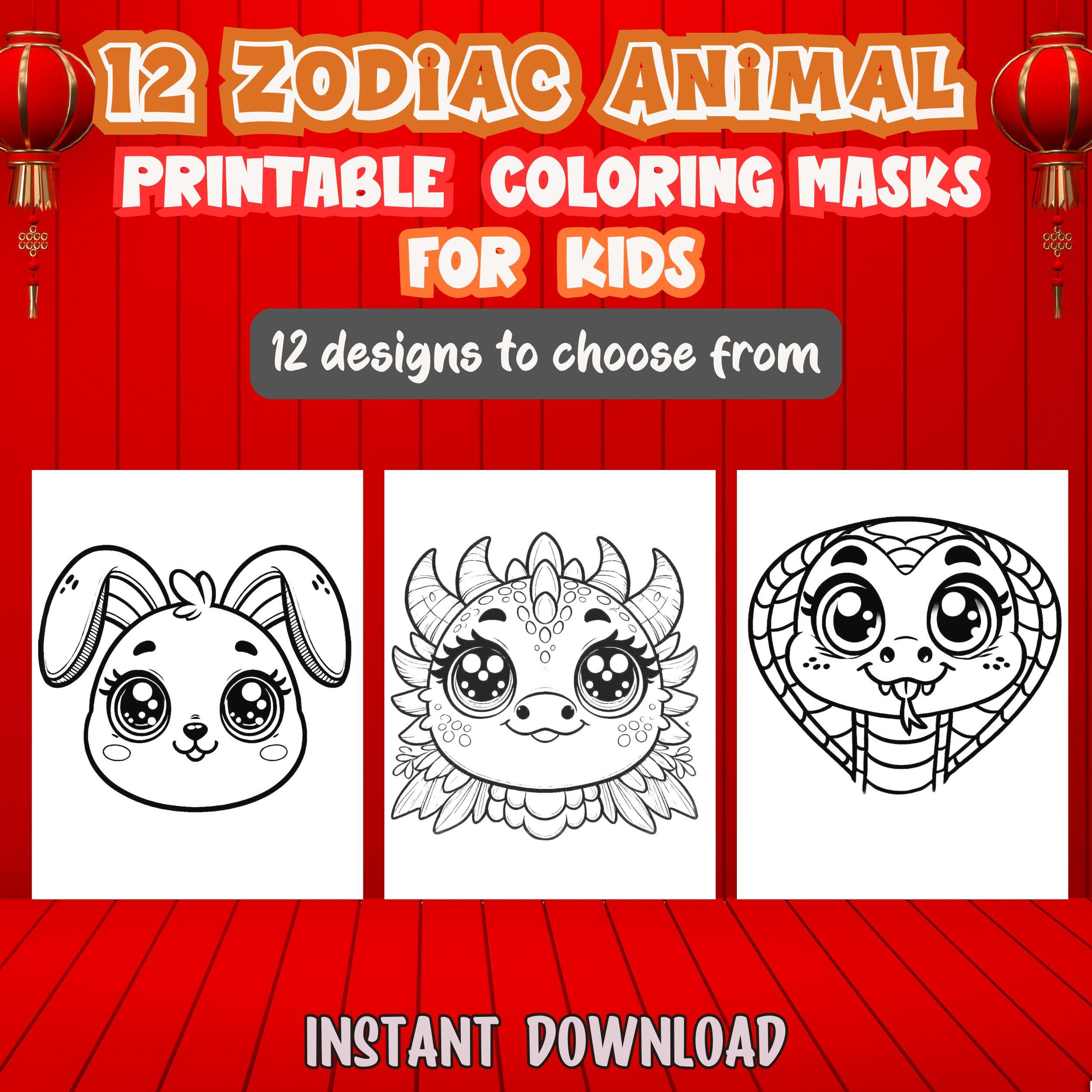 12 Zodiac Animal Masks for Kids, Printable Coloring Activity, Lunar New ...