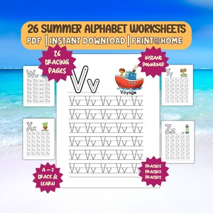 26 Summer Alphabet Worksheets, Handwriting Practice, ABC Trace & Write ...