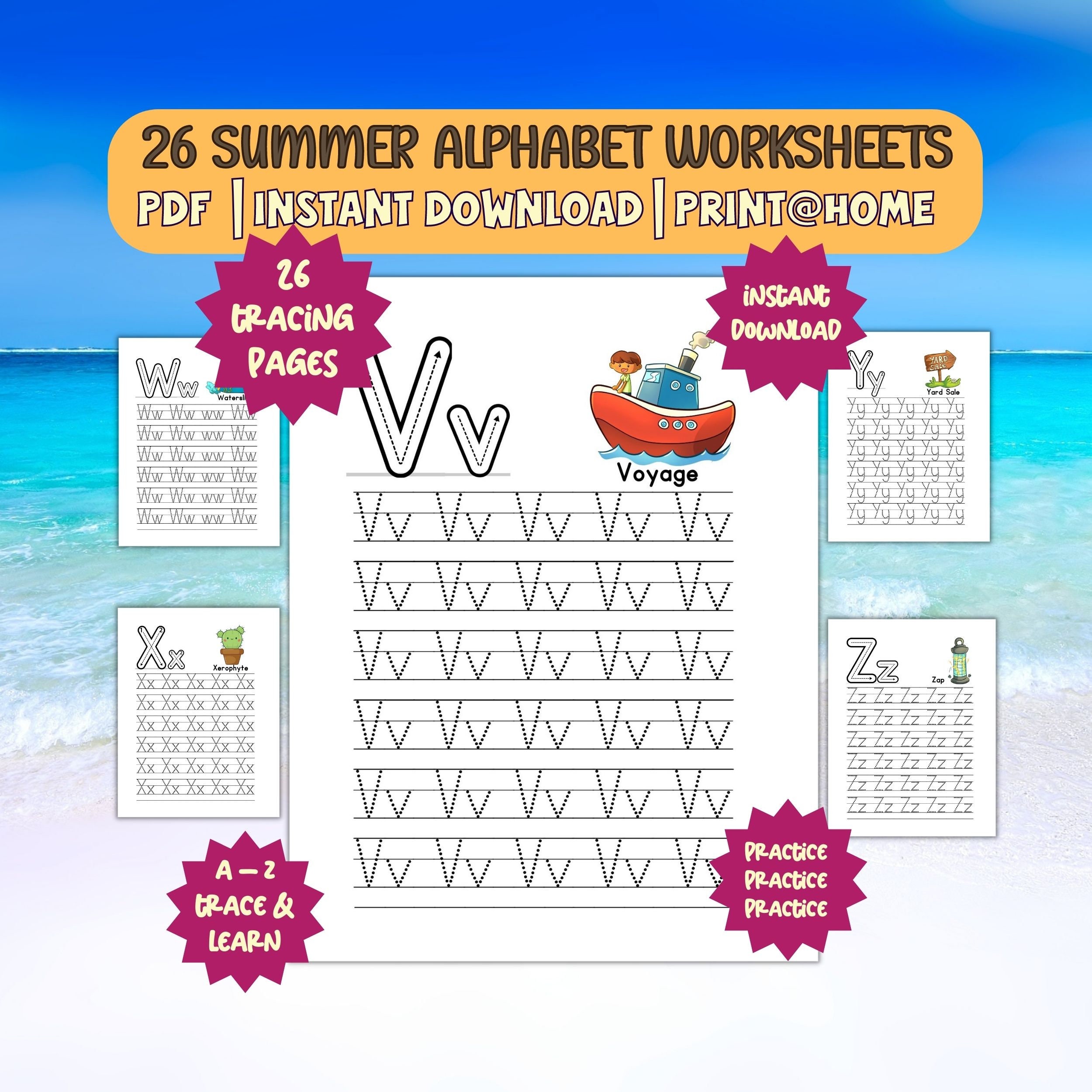 26 Summer Alphabet Worksheets, Handwriting Practice, ABC Trace & Write ...