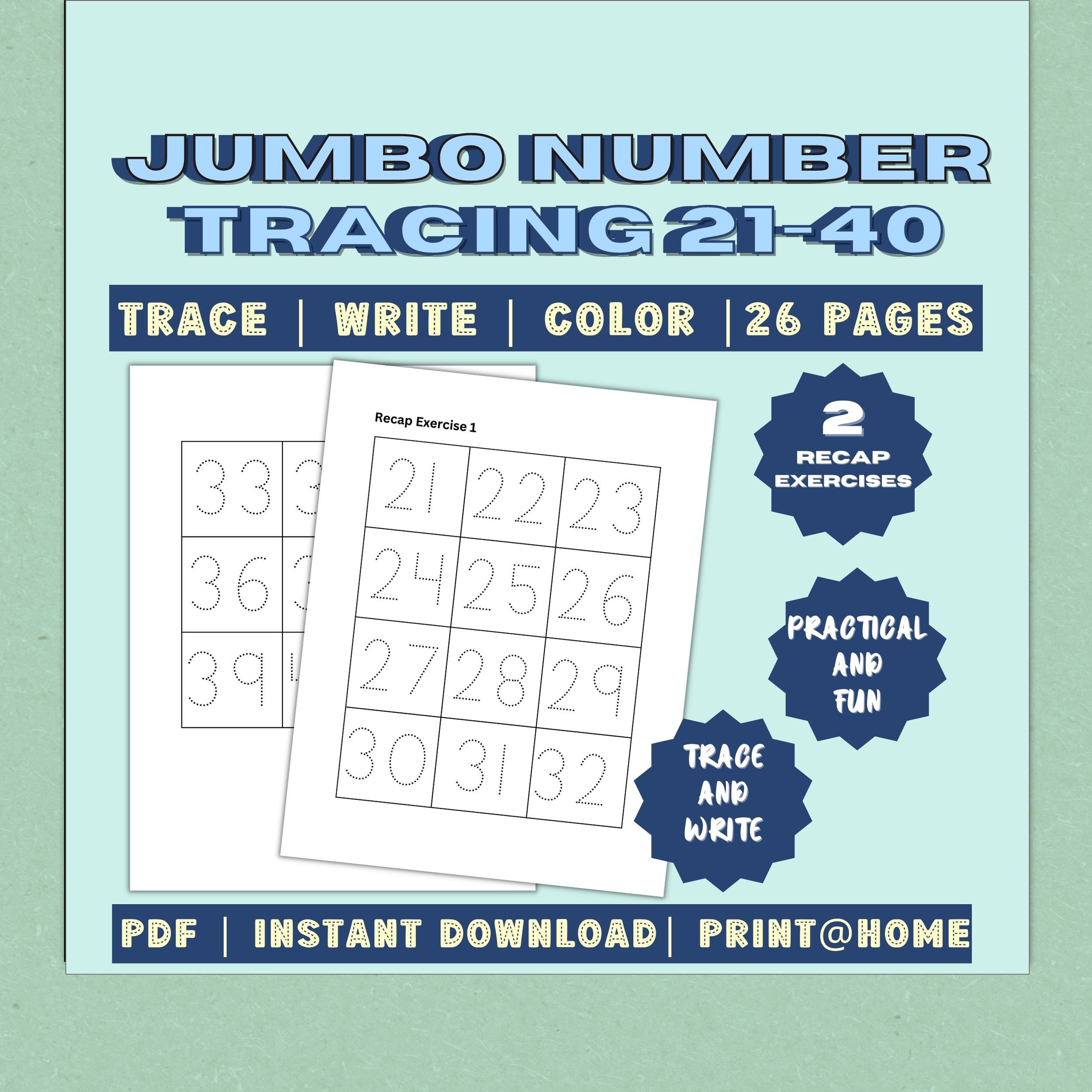Number Tracing Worksheet 21-40 for Kids, Preschool, Toddlers ...