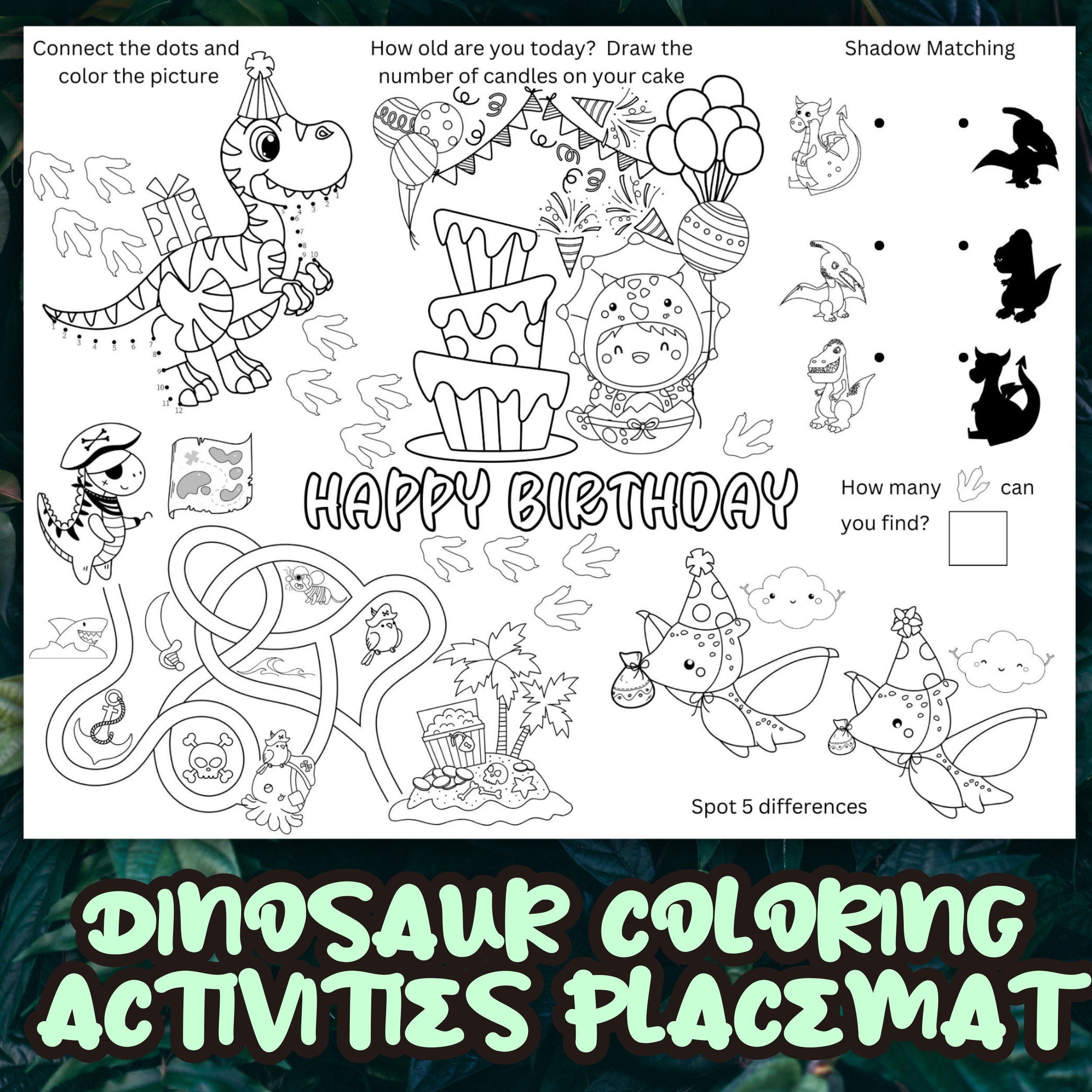 Dinosaur Happy Birthday Party Activities Placemat Kids Dinosaur ...