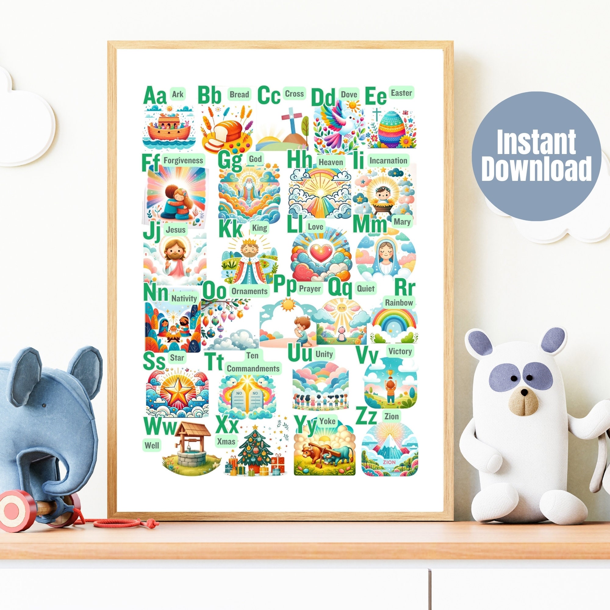 Bible Alphabet Nursery Wall Art, Printable Kids A-Z Alphabet Poster ...