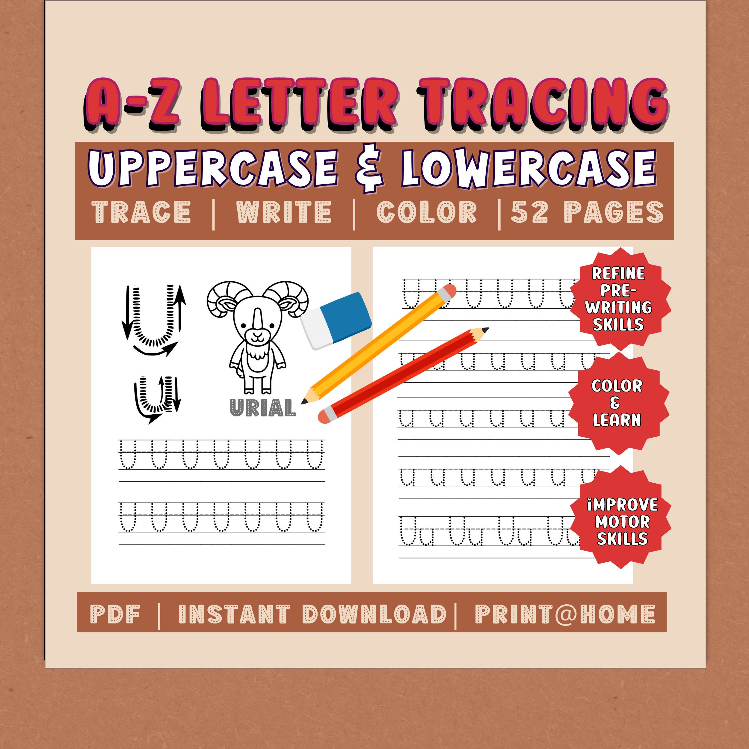 Alphabet Tracing Uppercase & Lowercase Practice Worksheets - Etsy