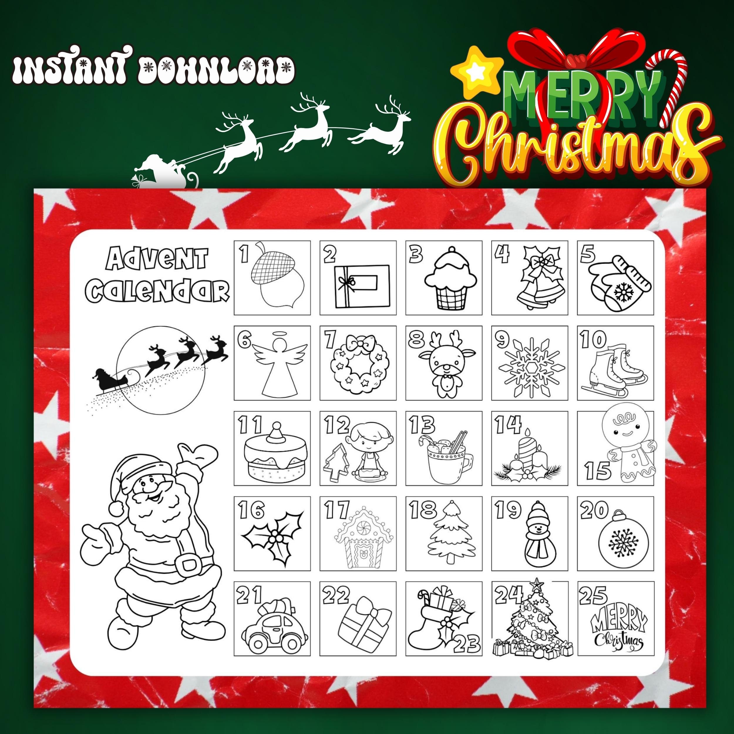 Christmas Advent Calendar, Printable Coloring Page, Cute Christmas ...