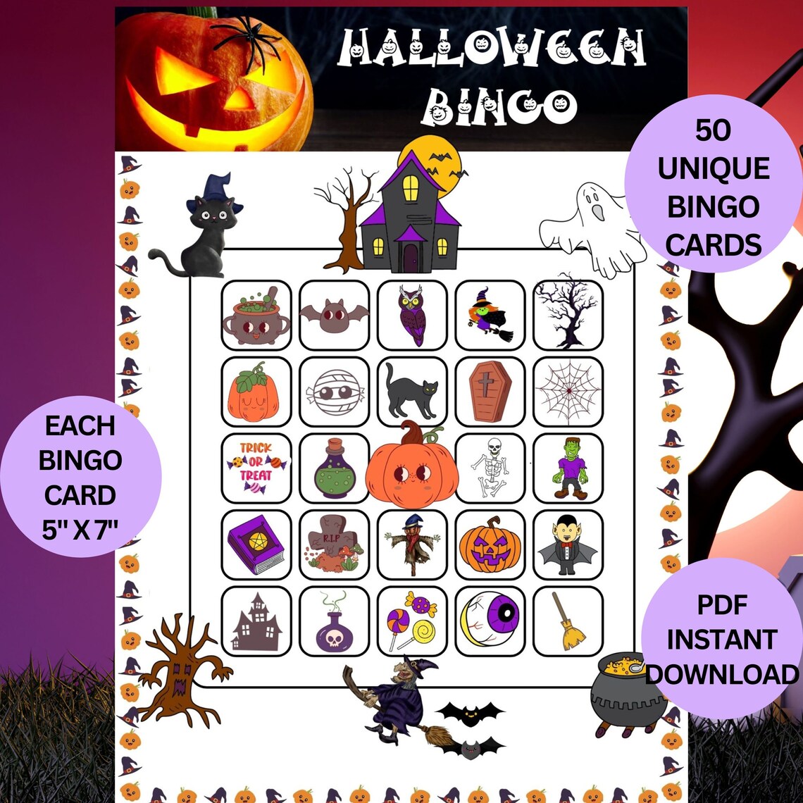 50 Halloween Bingo Cards 50 Unique Prefilled Game Cards Kids - Etsy