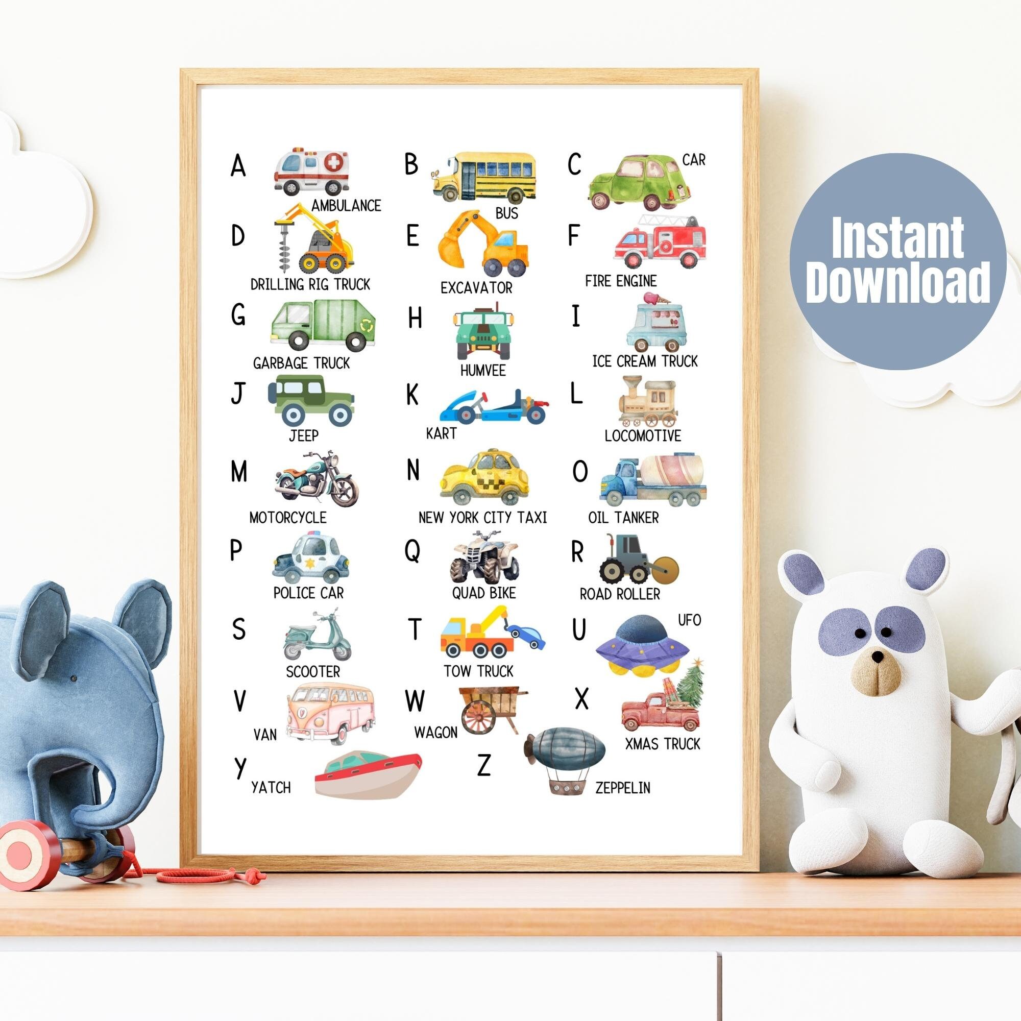 Vehicle Alphabet Nursery Wall Art, Printable Kids Transport Alphabet ...
