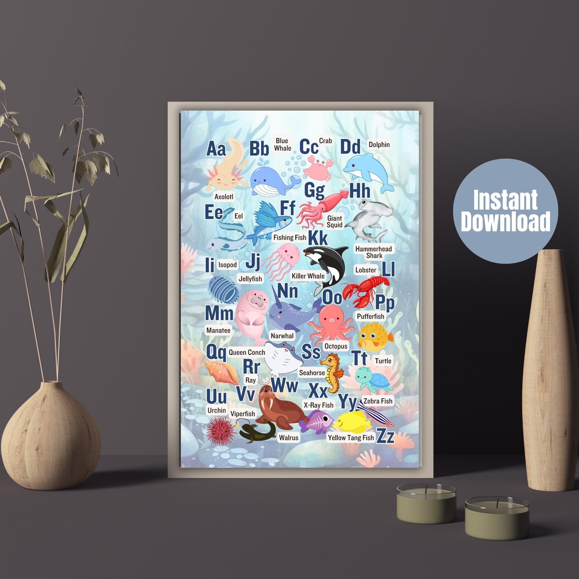 Sealife Alphabet Nursery Wall Art, Printable Kids Ocean Alphabet Poster ...