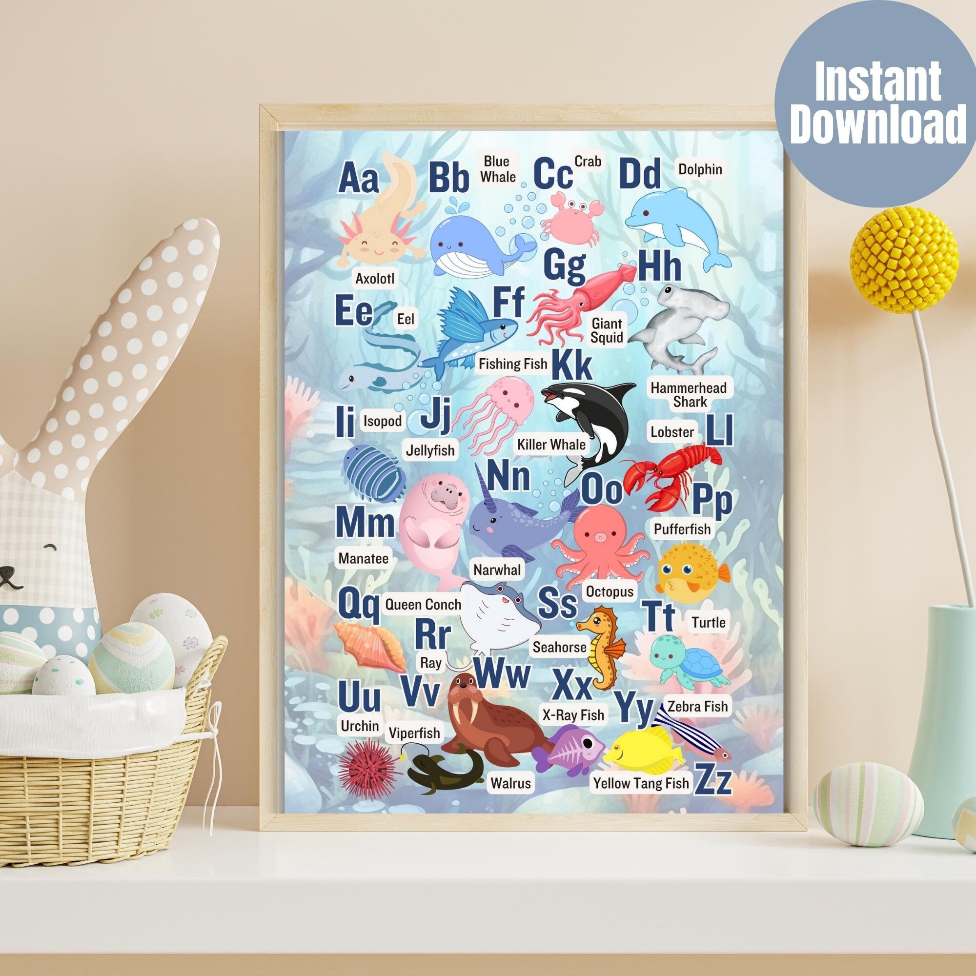 Sealife Alphabet Nursery Wall Art, Printable Kids Ocean Alphabet Poster ...