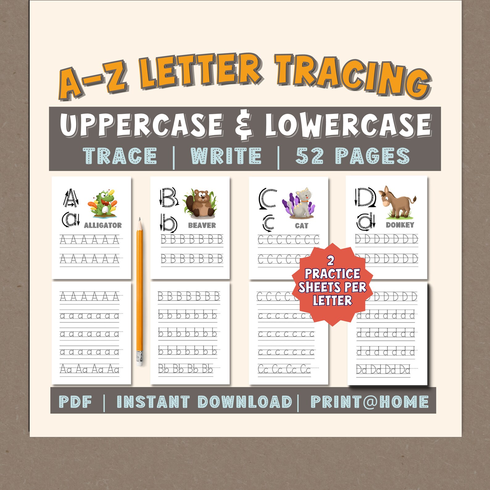 Uppercase & Lowercase Alphabet Tracing Worksheets, Printable ABC ...