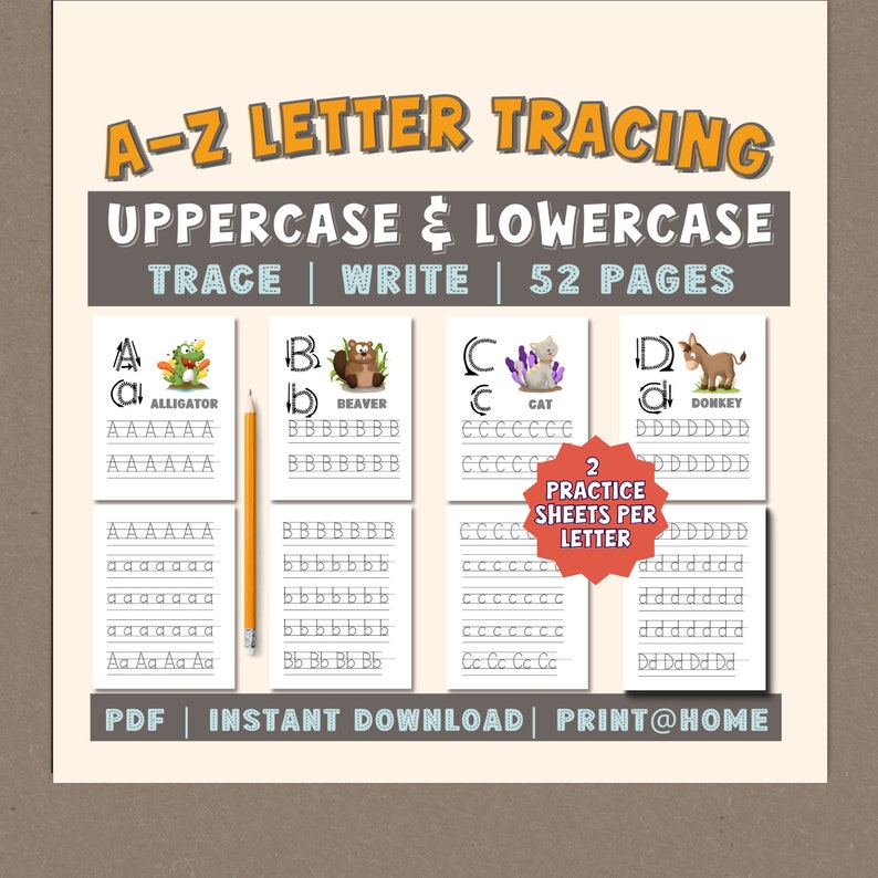 Uppercase & Lowercase Alphabet Tracing Worksheets, Printable ABC ...