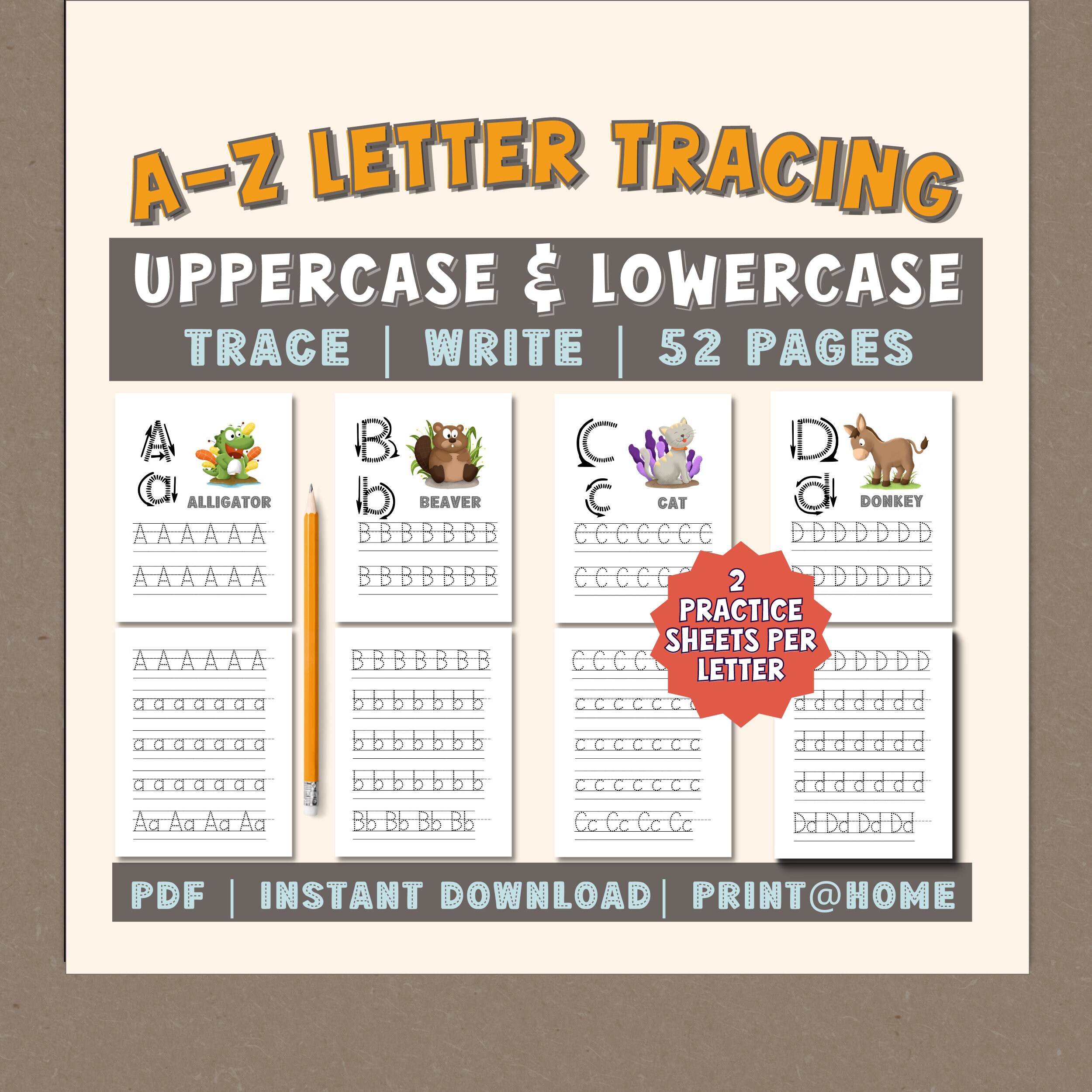 Uppercase & Lowercase Alphabet Tracing Worksheets, Printable ABC ...