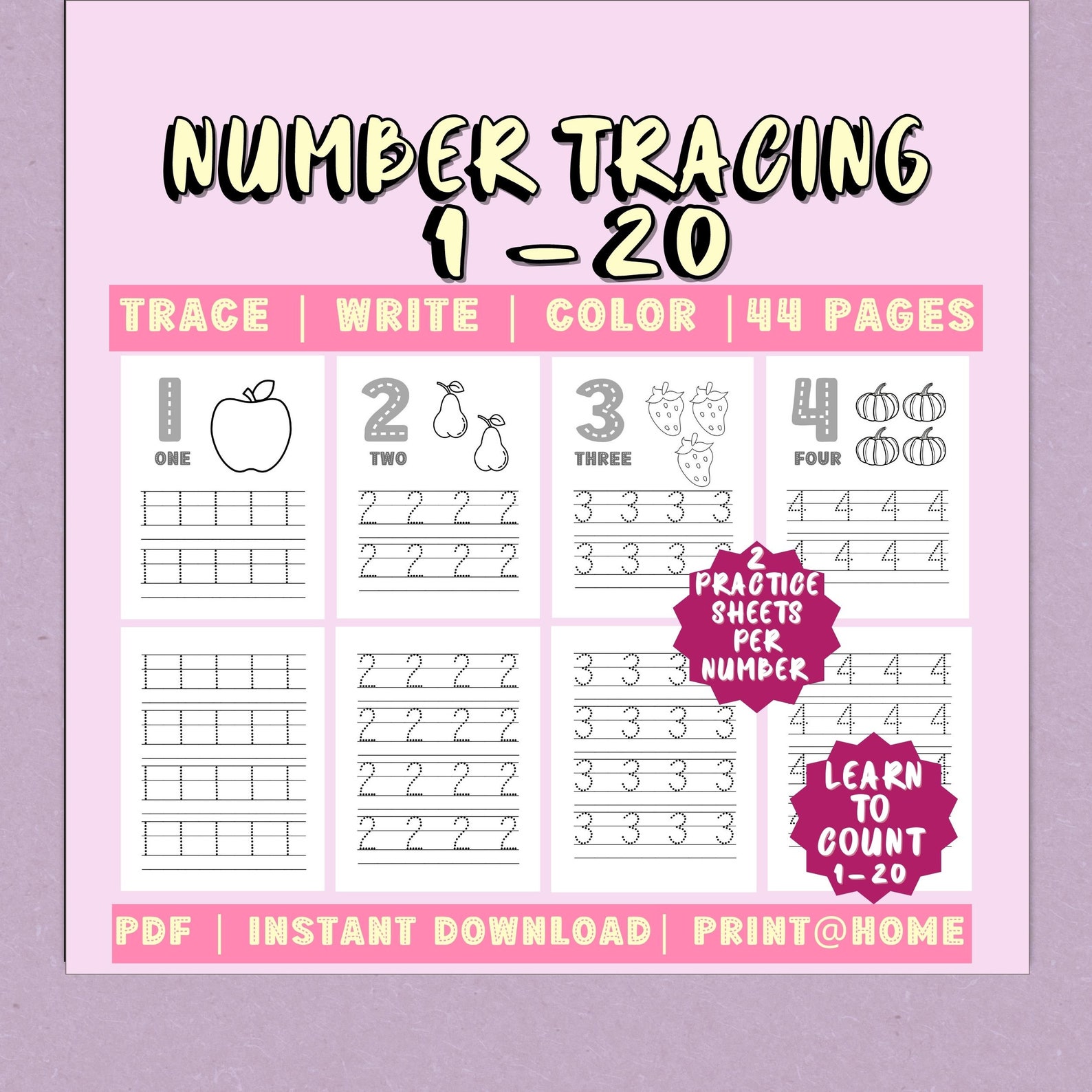 Number Tracing Worksheet 1-20 for Kids, Preschool, Toddlers ...