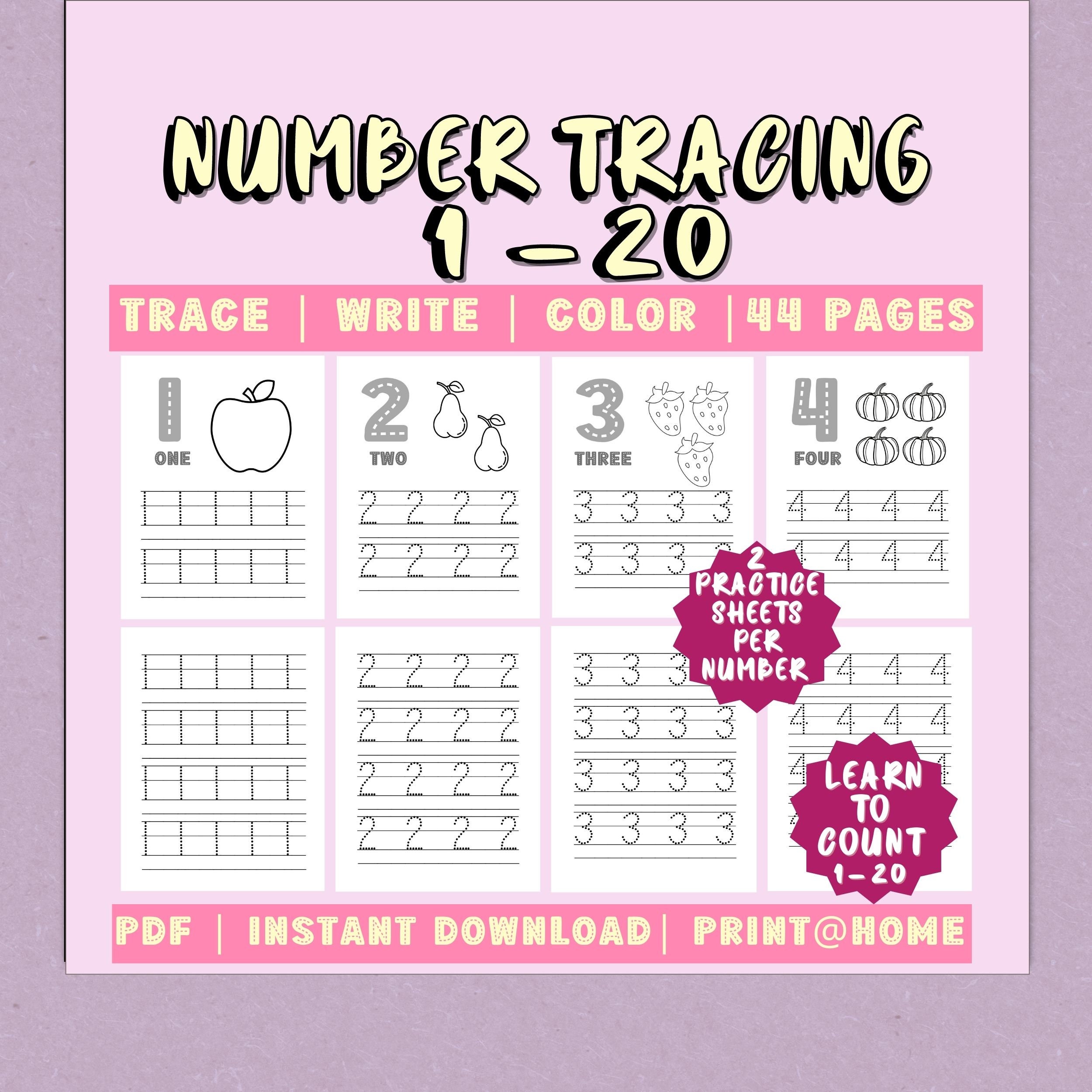 Number Tracing Worksheet 1-20 for Kids, Preschool, Toddlers ...
