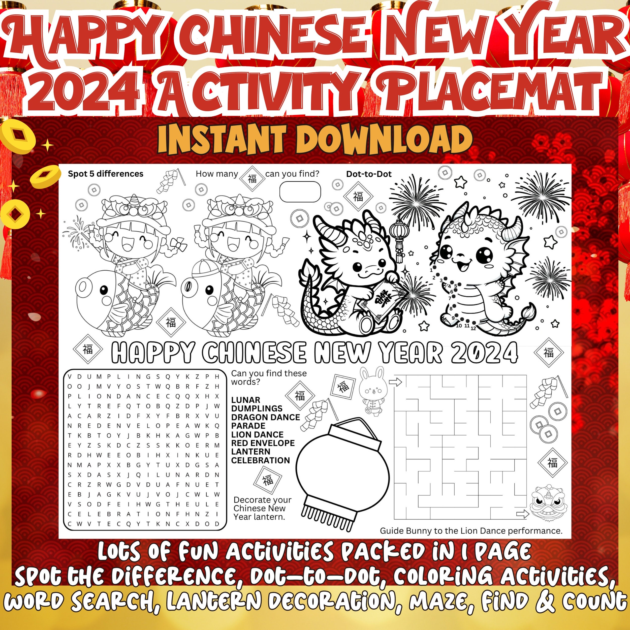Happy CNY 2024 Activity Placemat, 2024 Lunar New Year Placemat, Year of ...