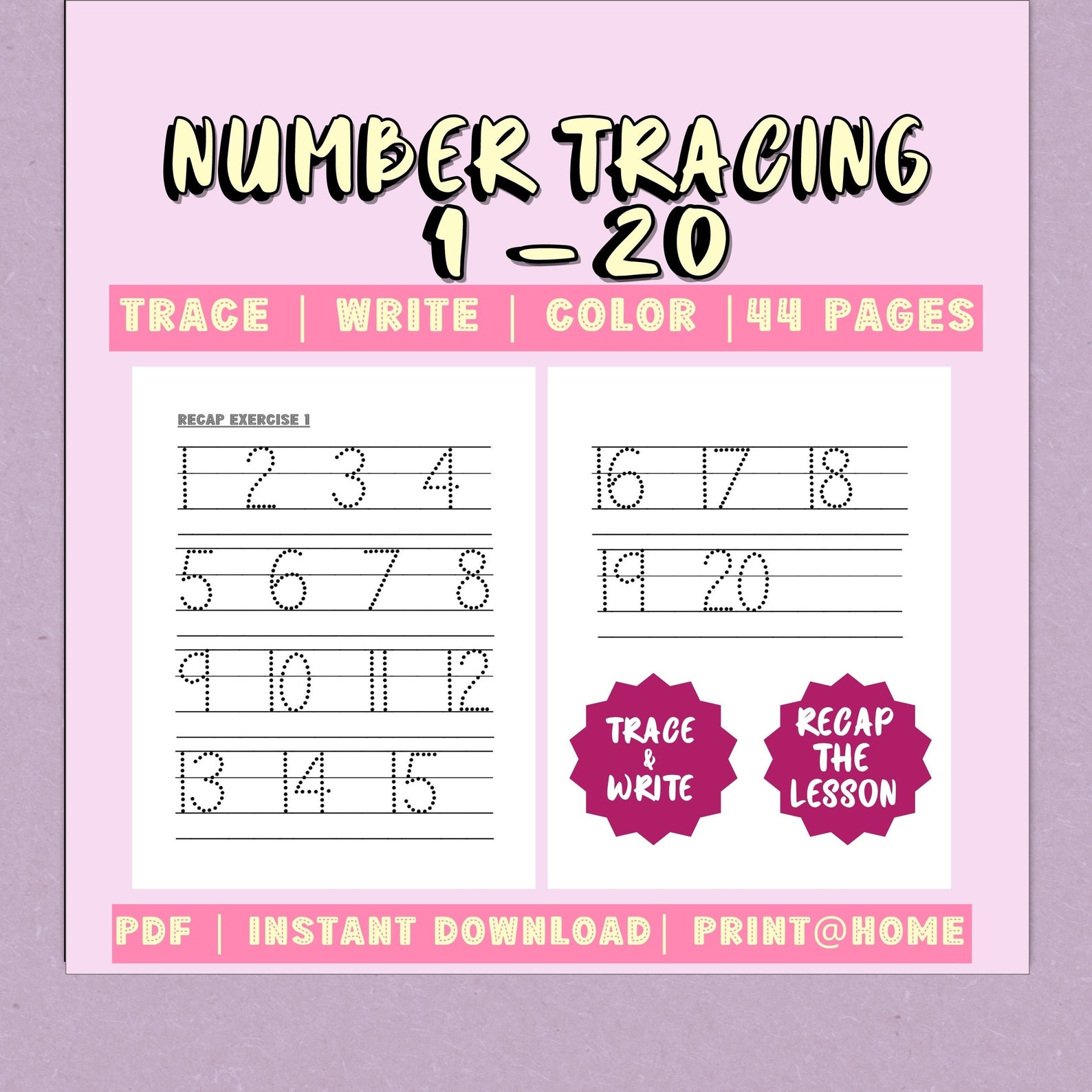 Number Tracing Worksheet 1-20 for Kids, Preschool, Toddlers ...