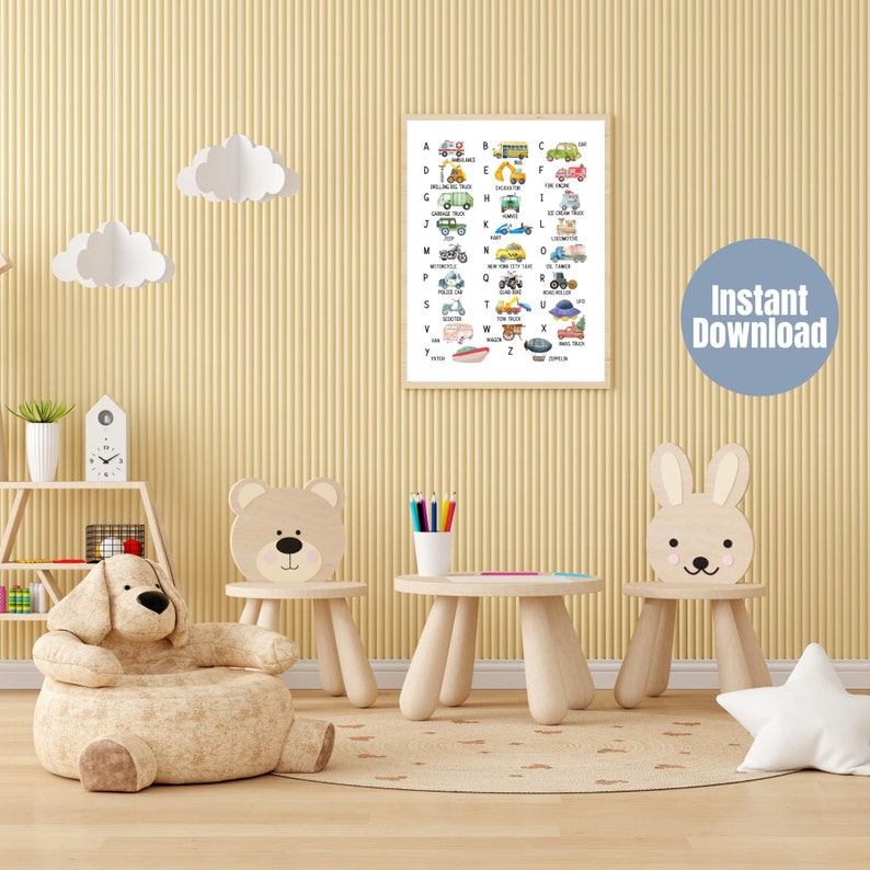 Vehicle Alphabet Nursery Wall Art, Printable Kids Transport Alphabet ...