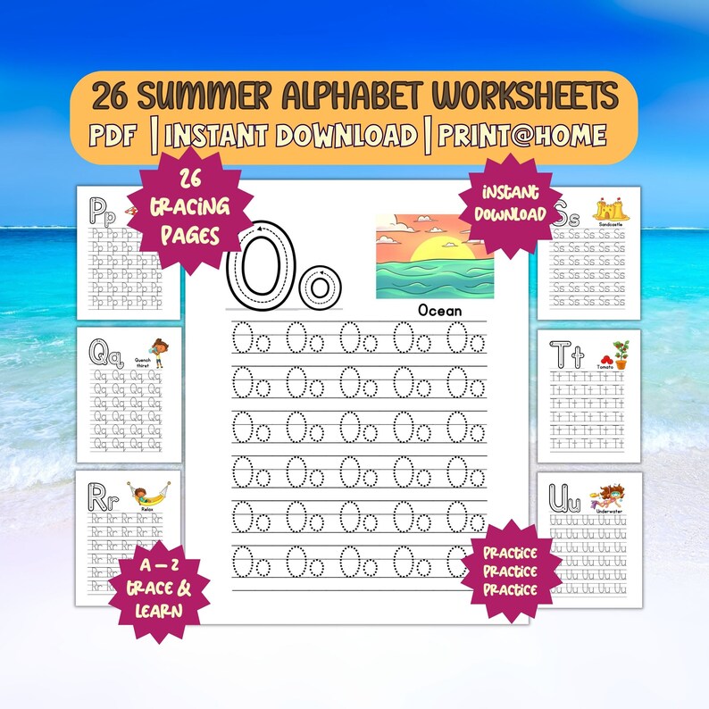 26 Summer Alphabet Worksheets Handwriting Practice ABC Trace - Etsy