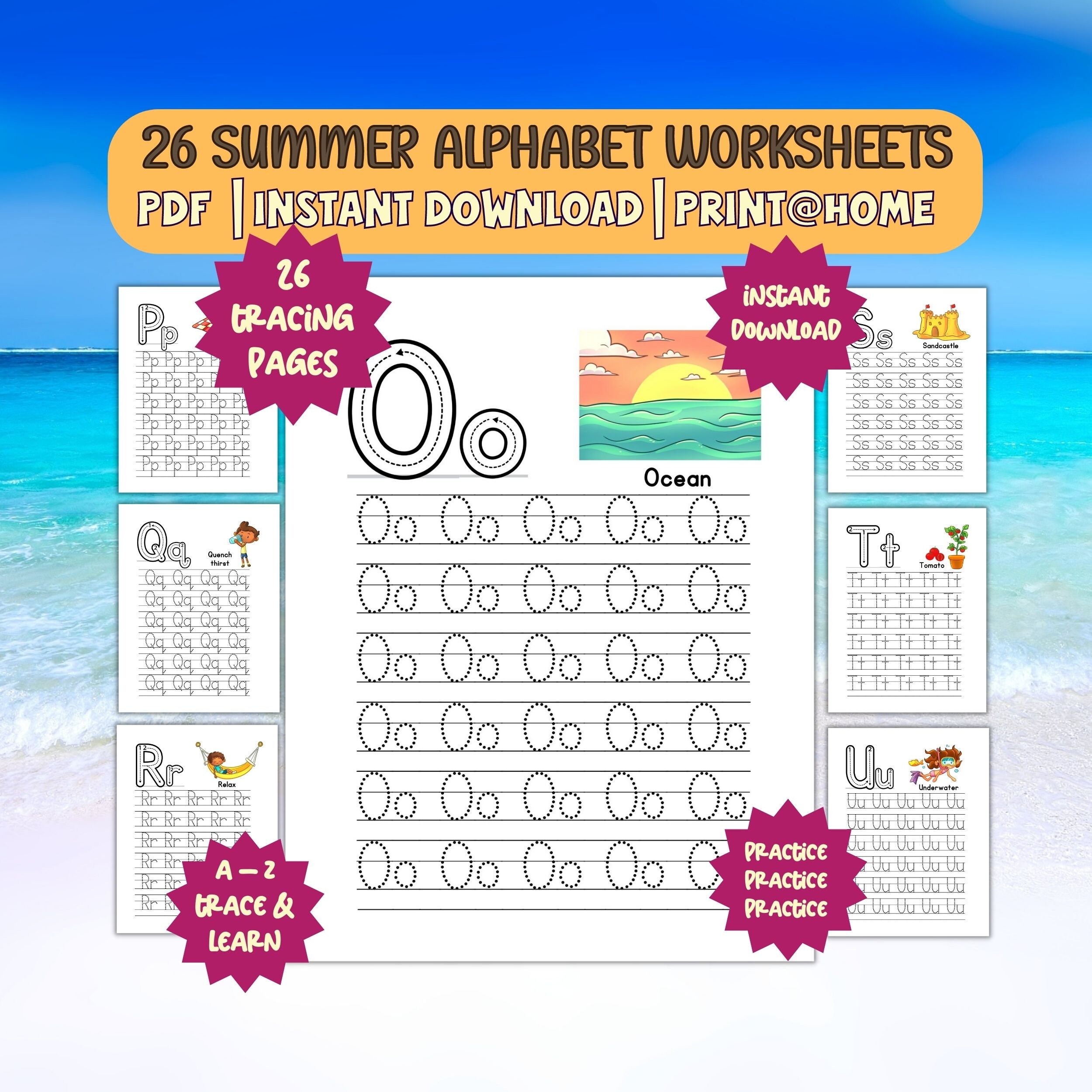 26 Summer Alphabet Worksheets, Handwriting Practice, ABC Trace & Write ...