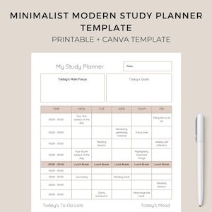 Minimalist Modern Study Planner Template | Printable and Fillable Study ...