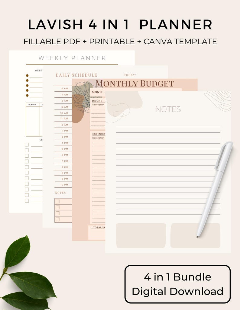 Lavish 4-in-1 Planner Bundle: Fillable PDF, Printable, Canva Template ...