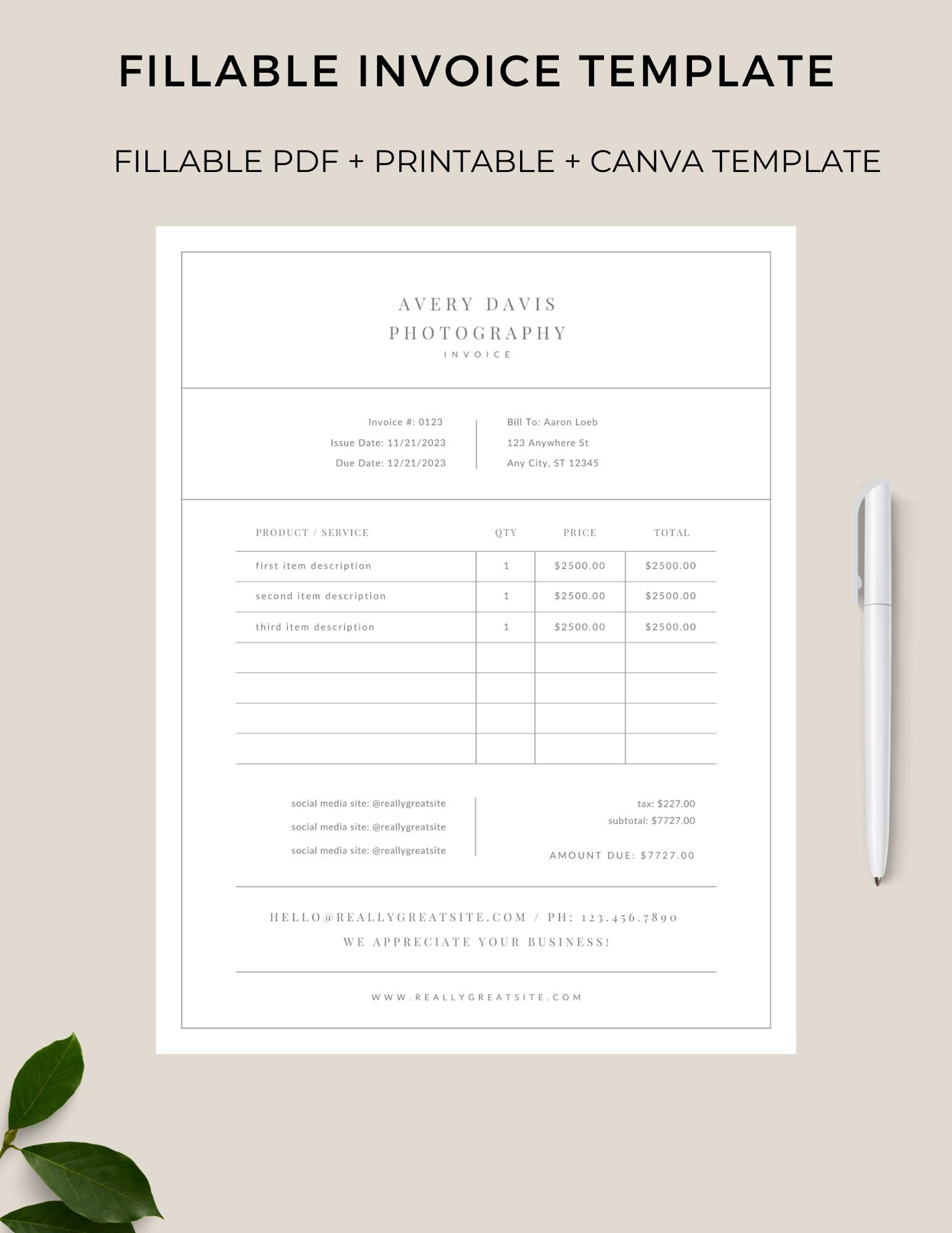Minimal Aesthetic Invoice Template | Fillable Invoice Template ...