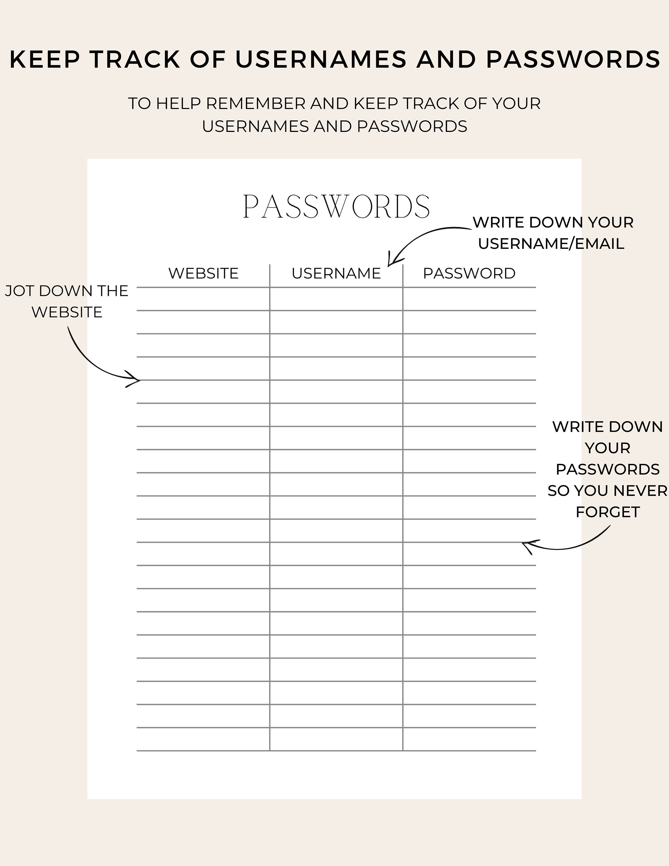 Minimalist Password Keeper: Printable Password Tracker (PDF) - Etsy