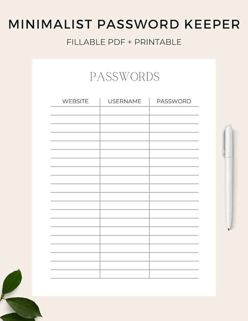 Minimalist Password Keeper: Printable Password Tracker (PDF) - Etsy