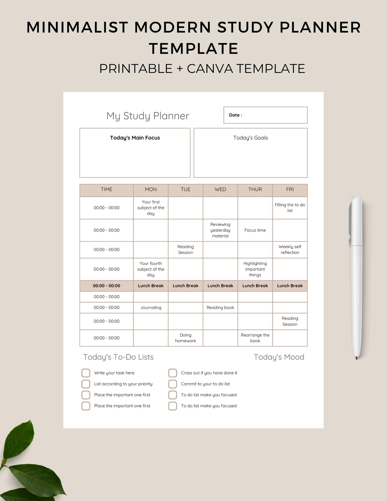 Minimalist Study Planner Template: Printable Canva Study Guide (digital ...