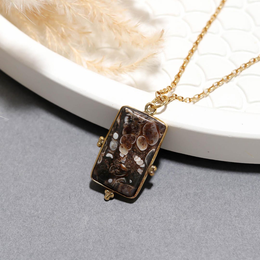 Brown Jasper Rectangle Pendant Necklace • Gold Plated Fossil Stone - Etsy