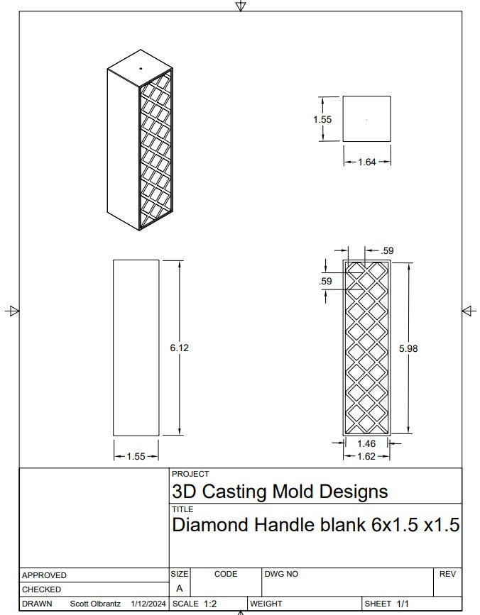 6 Inch Handle Blank, Diamond Pattern Design, STL File for 3D Printer ...