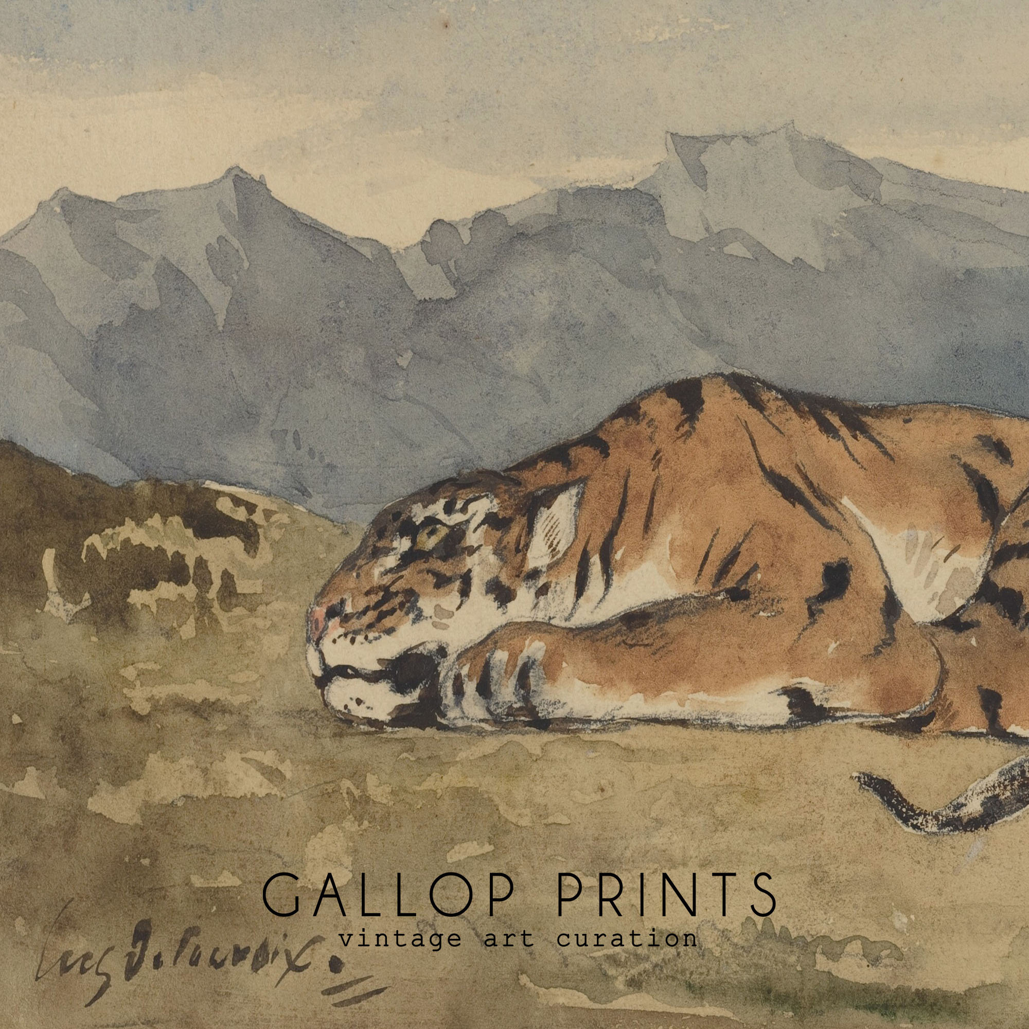 Printable Tiger Art Vintage Landscape Painting Mountain Home Decor Boho Animal Artwork Digital ...