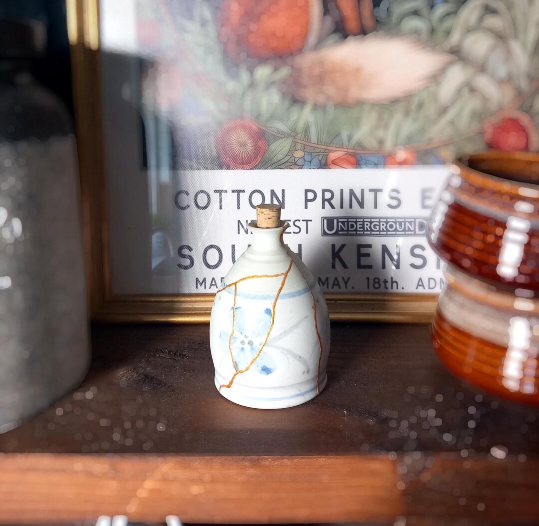 Kintsugi Jar - Small Blue and White Hand Painted Oil Jar With Cork ...