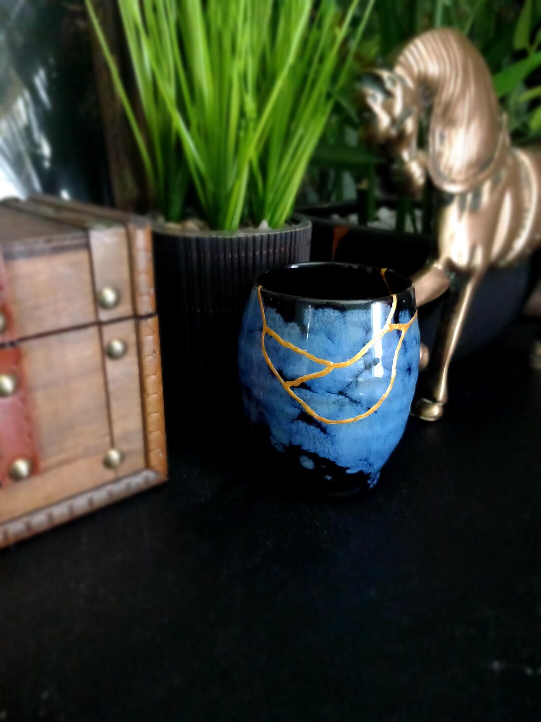 Kintsugi Cup Ewenny Pottery Blue and Black Cup - Etsy UK