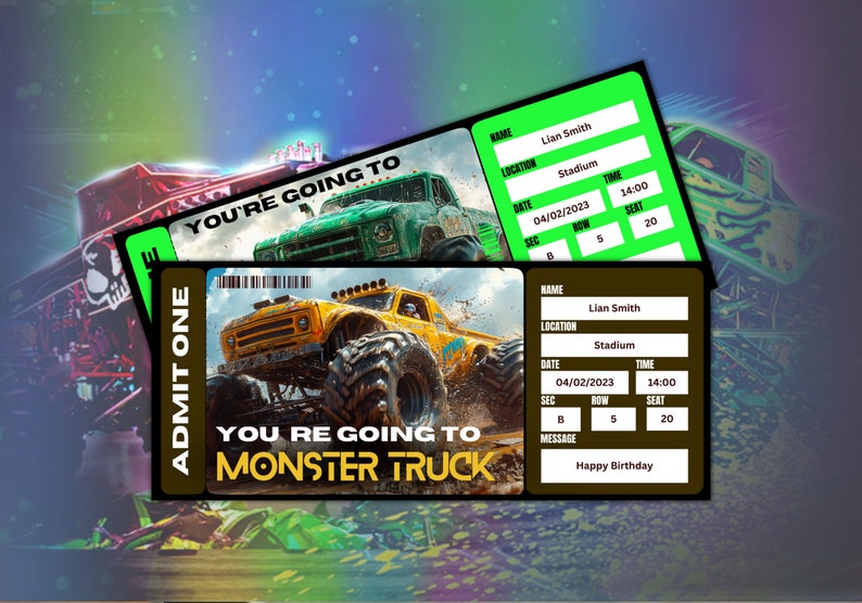 Printable Monster Truck Surprise Template Ticket, Monster Truck Gift ...