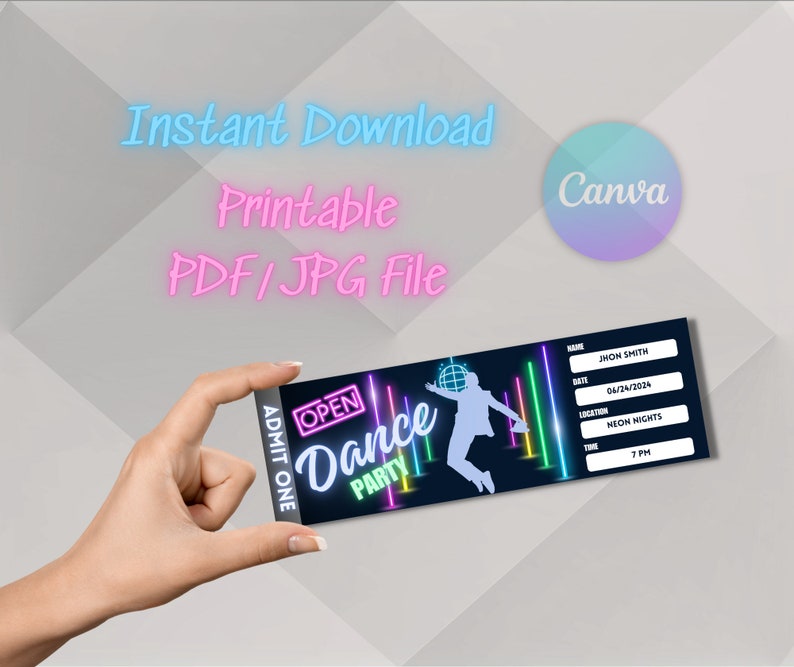 Retro Neon Dance Party Ticket Template: Editable Canva Design (instant ...