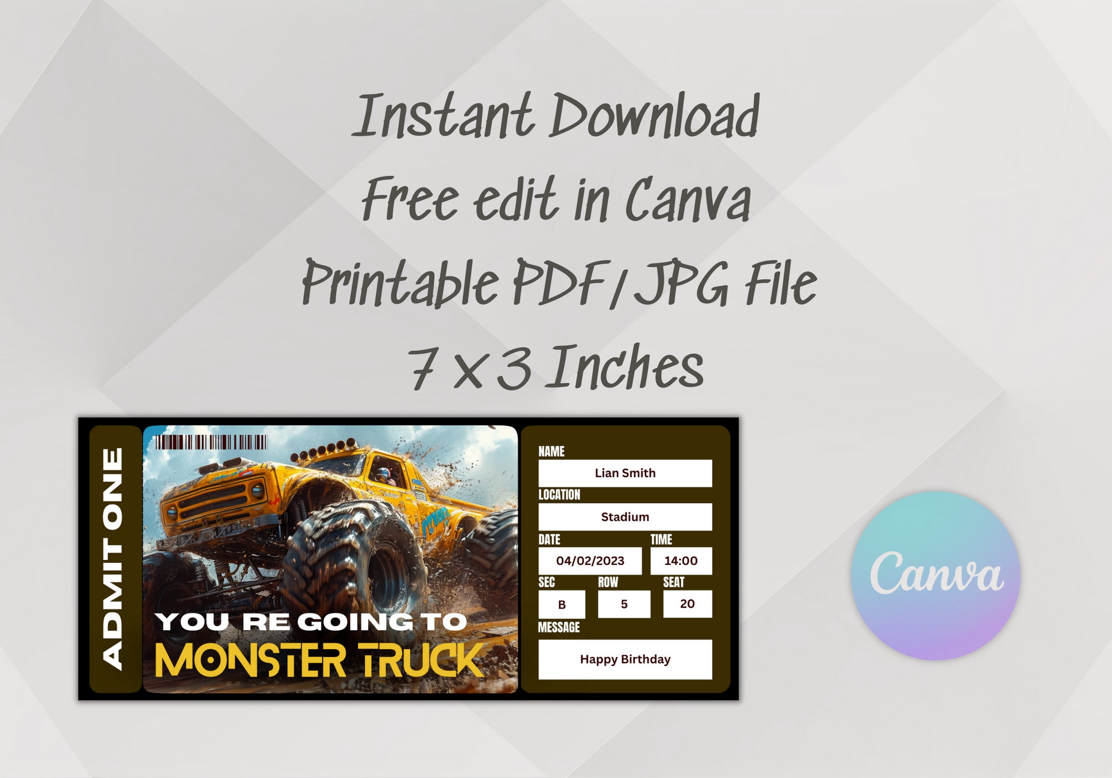 Printable Monster Truck Surprise Template Ticket, Monster Truck Gift ...