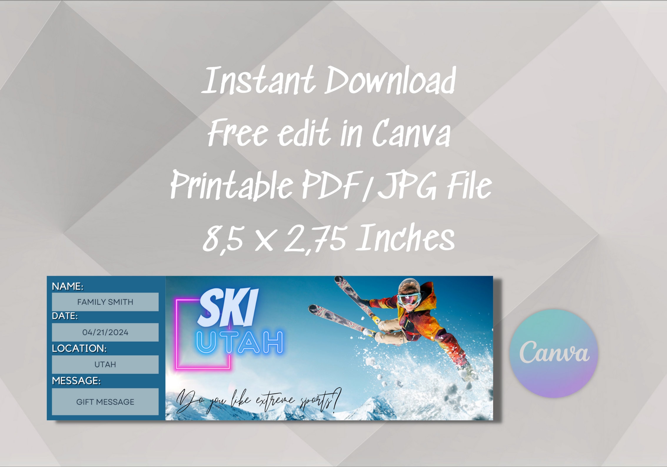 Personalized Ski Trip Ticket Template | Printable | Editable I 100% ...