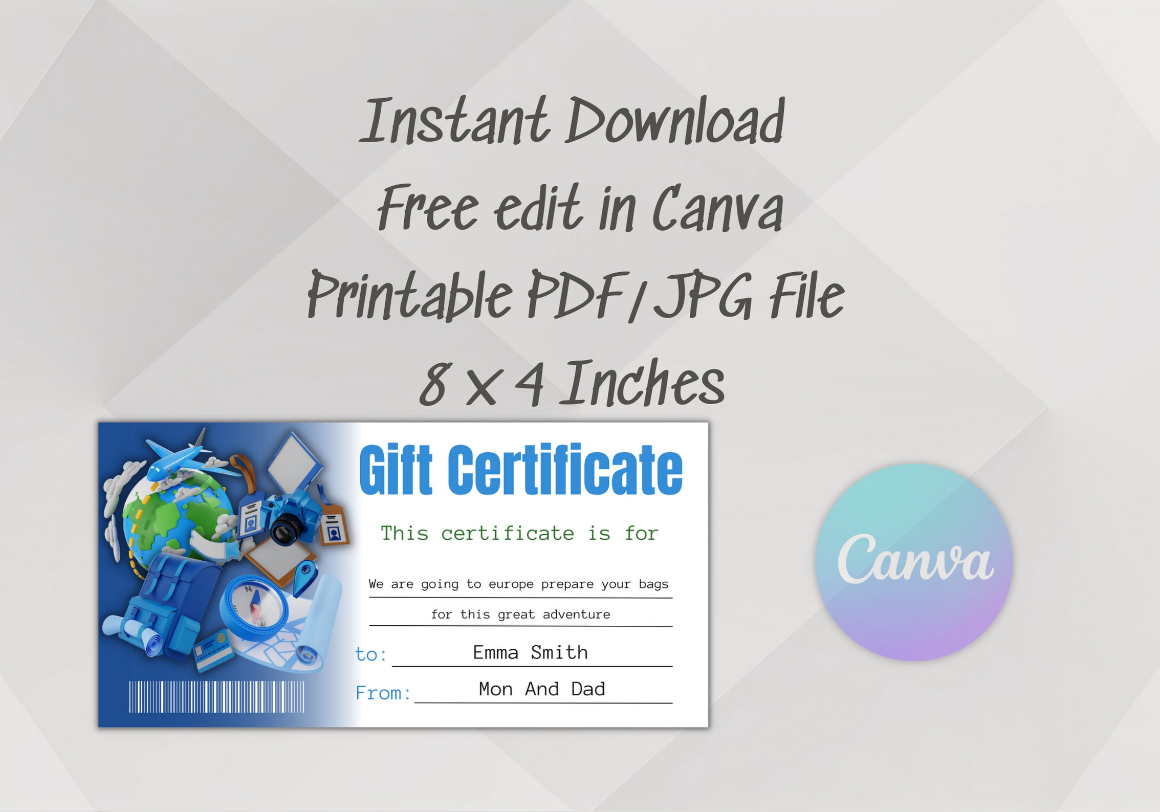 Editable Travel Gift Certificate Template: Canva Customizable (digital ...