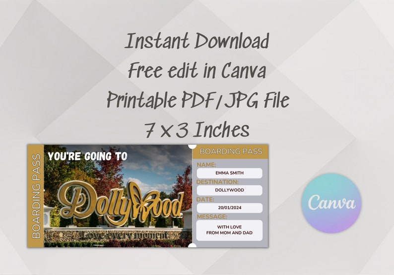 Customizable Surprise Ticket Template for Dollywood,printable DOLLYWOOD ...