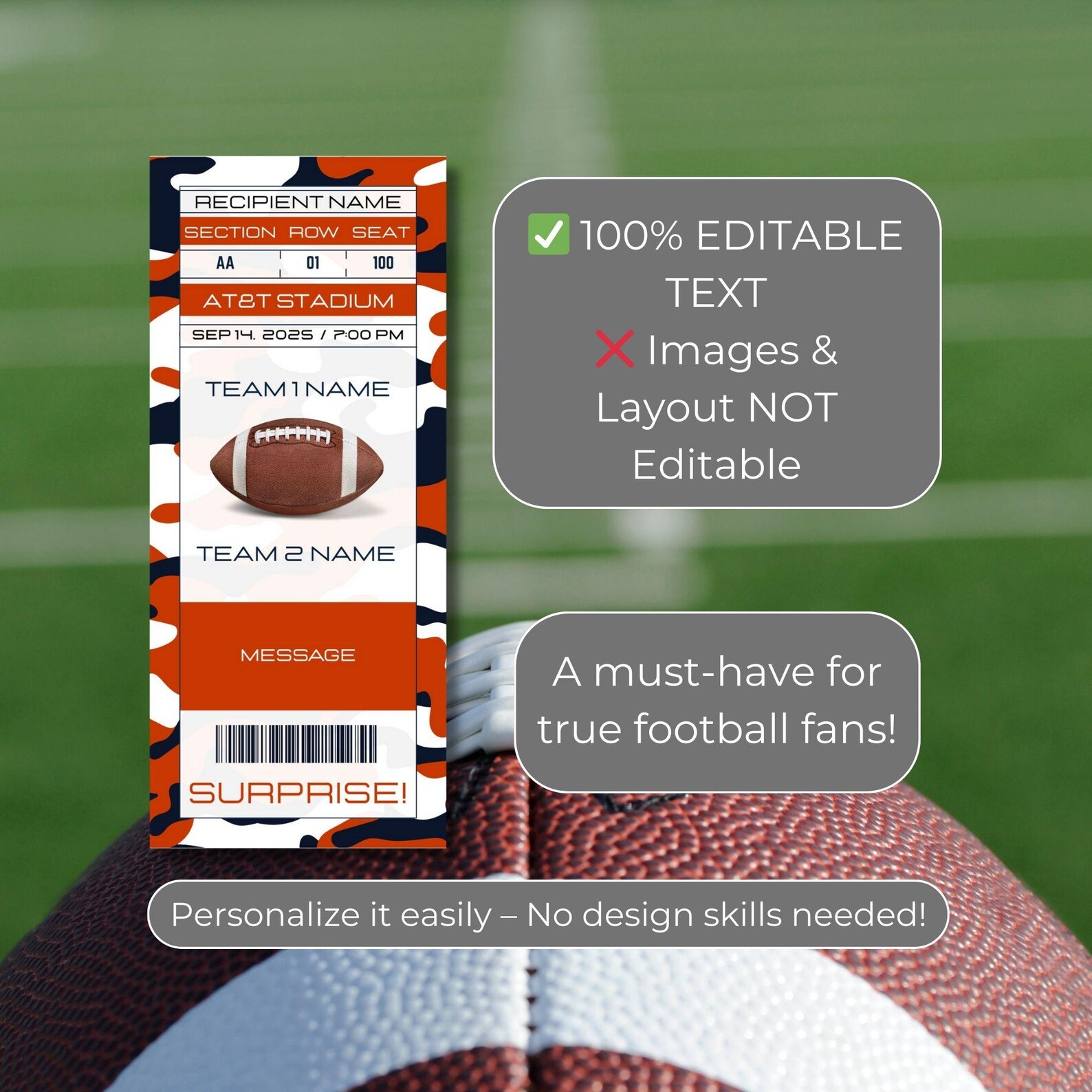 Instantly Editable Football Ticket | Chicago Colors Game Day Gift ...