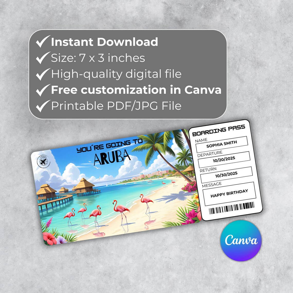 Aruba Trip Gift Ticket – Surprise Boarding Pass – Editable Travel ...